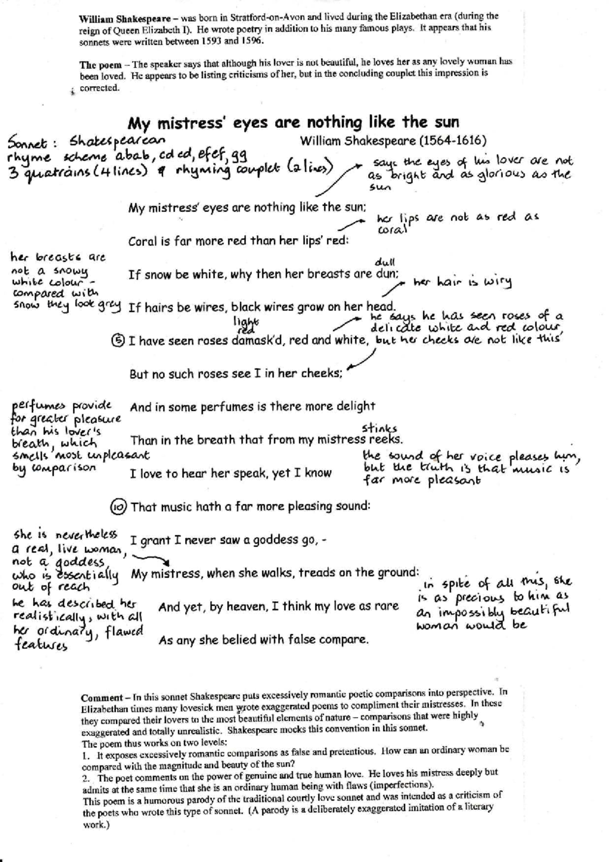 ENG 201: Analysis of Shakespeare's Sonnet "My Mistress' Eyes" - Studocu