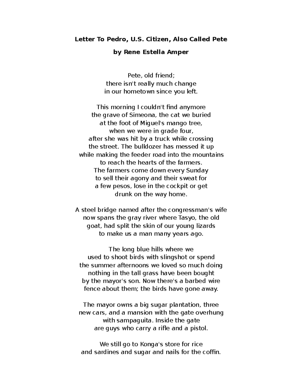 Letter to Pedro - A Nostalgic Reflection on Hometown Life - Studocu