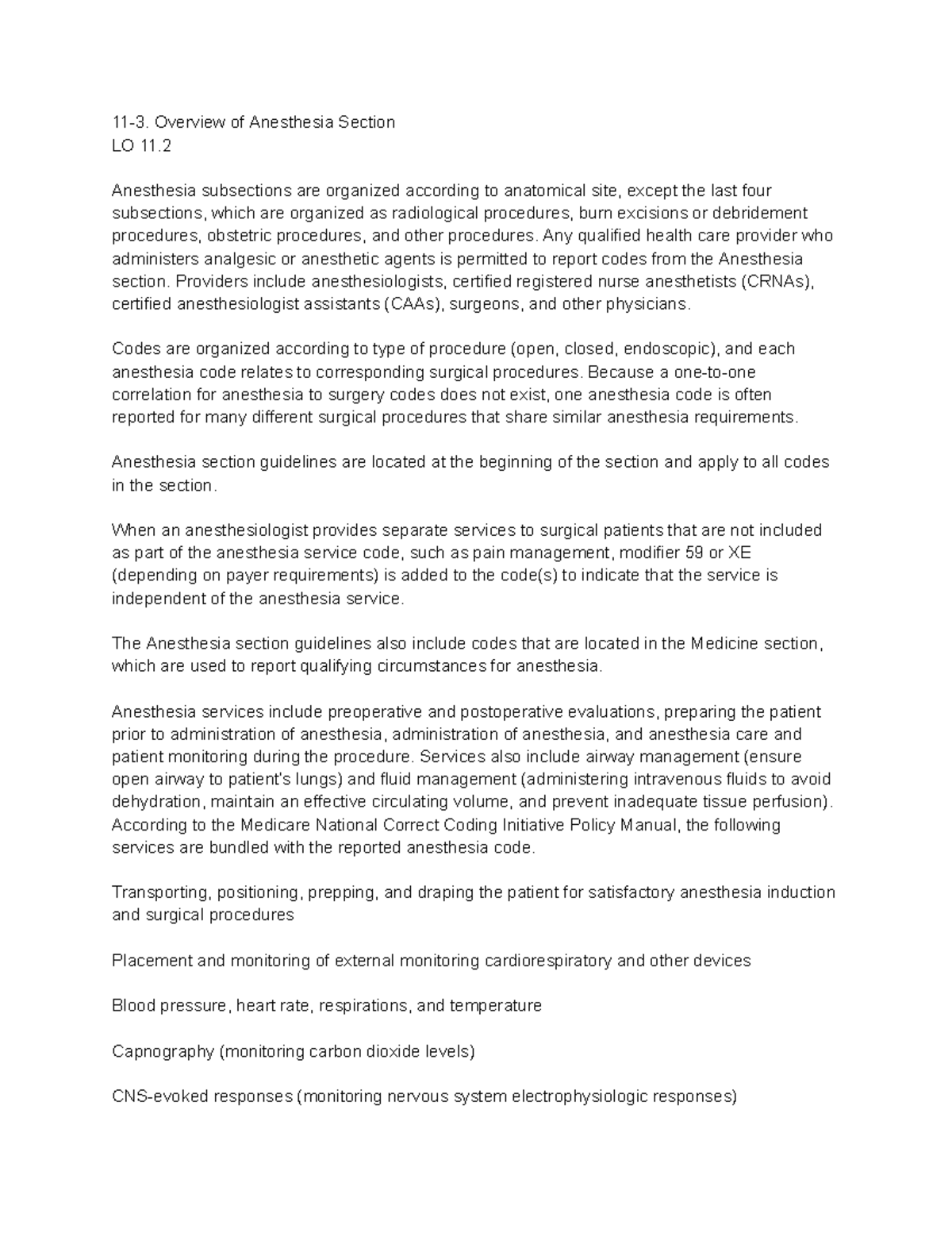 Anesthesia Section Overview & Reporting Guidelines (LO 11.2) - Studocu