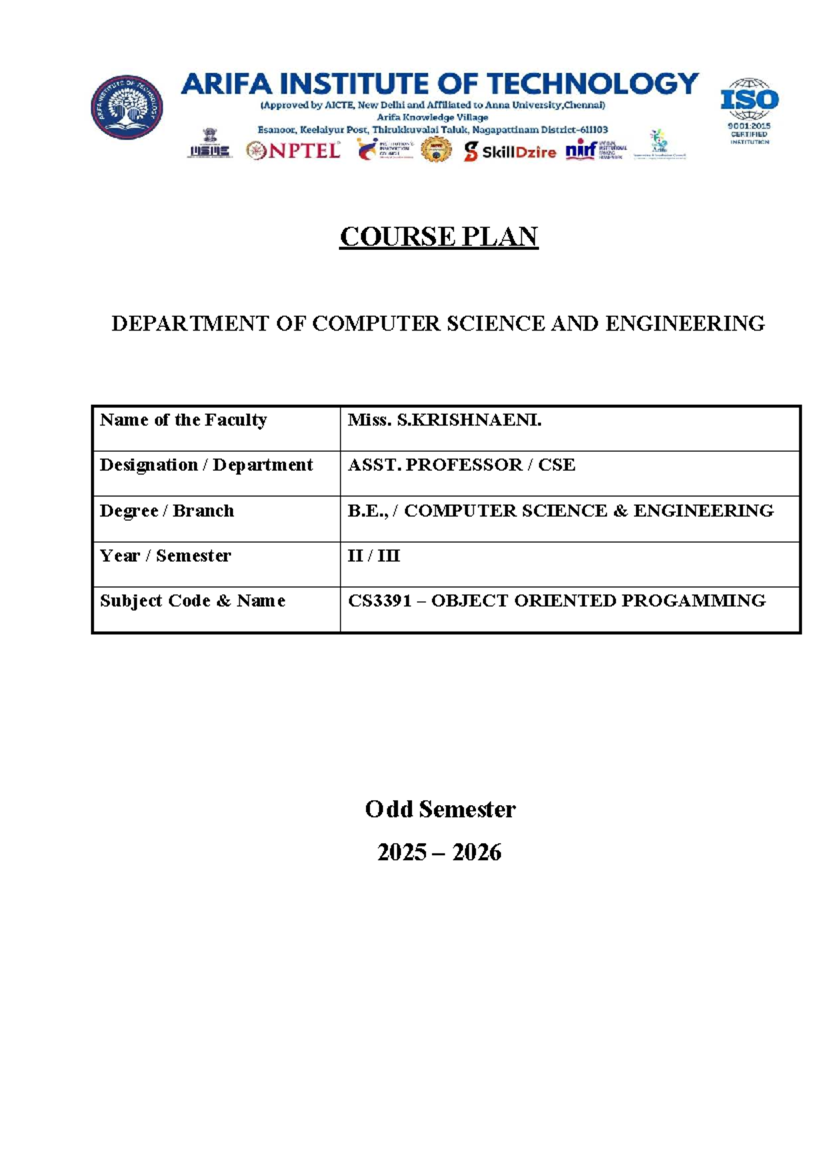 CS3391 Course Plan: Object Oriented Programming Overview - Studocu