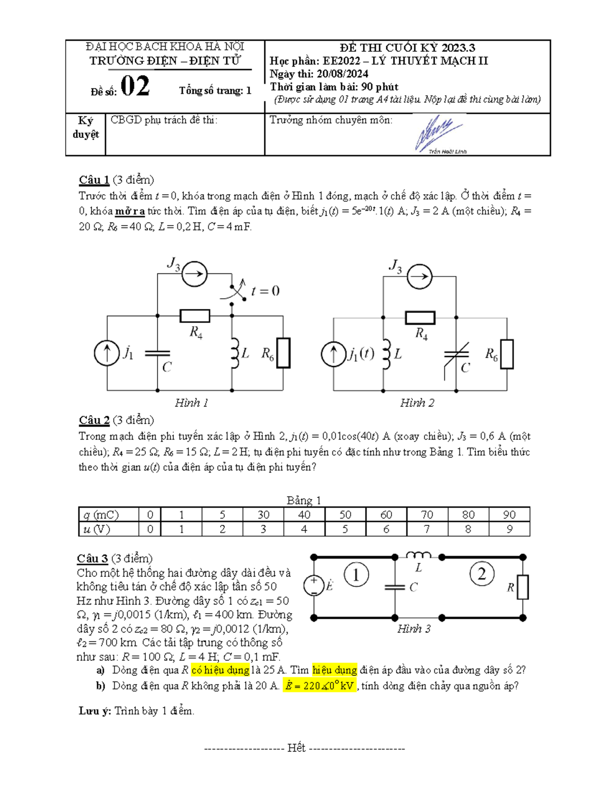 EE2022 - Đề Thi Cuối Kỳ Lý Thuyết Mạch Điện II - Học Kỳ 20223, Đề 2 ...