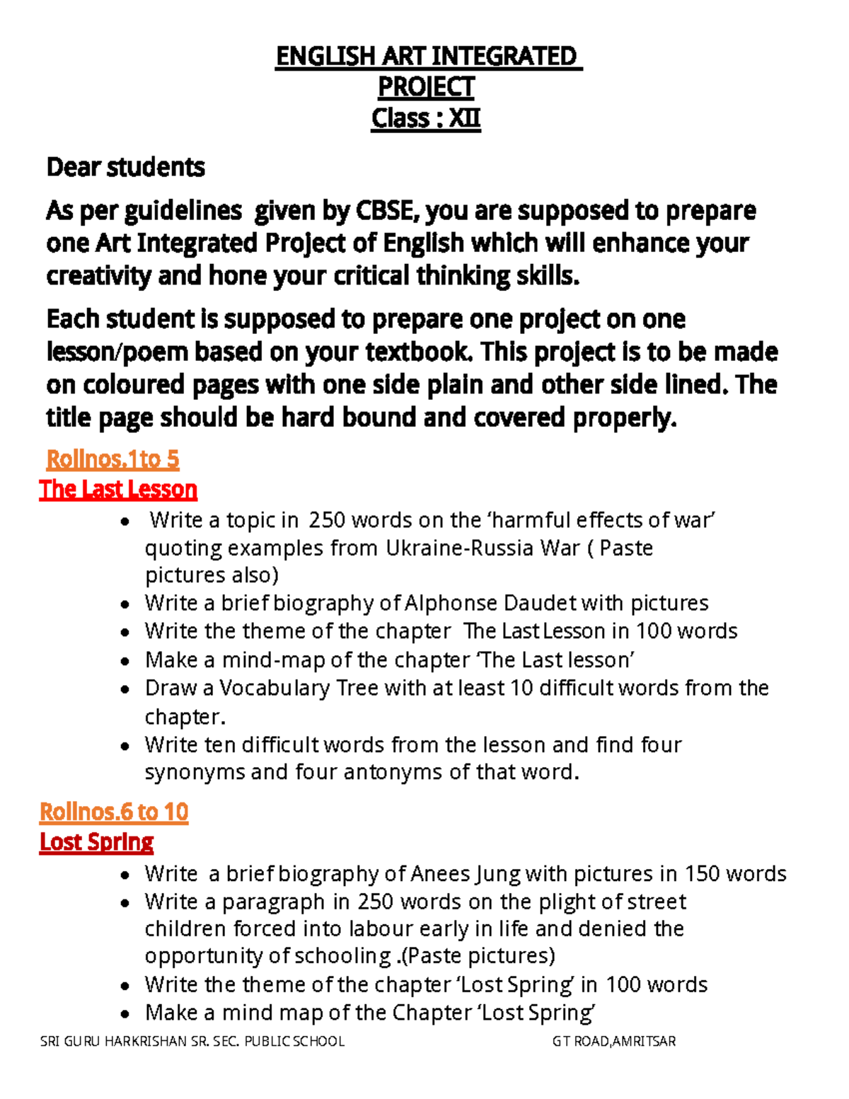 English Art Integrated Project for Class XII - Guidelines and Tasks ...
