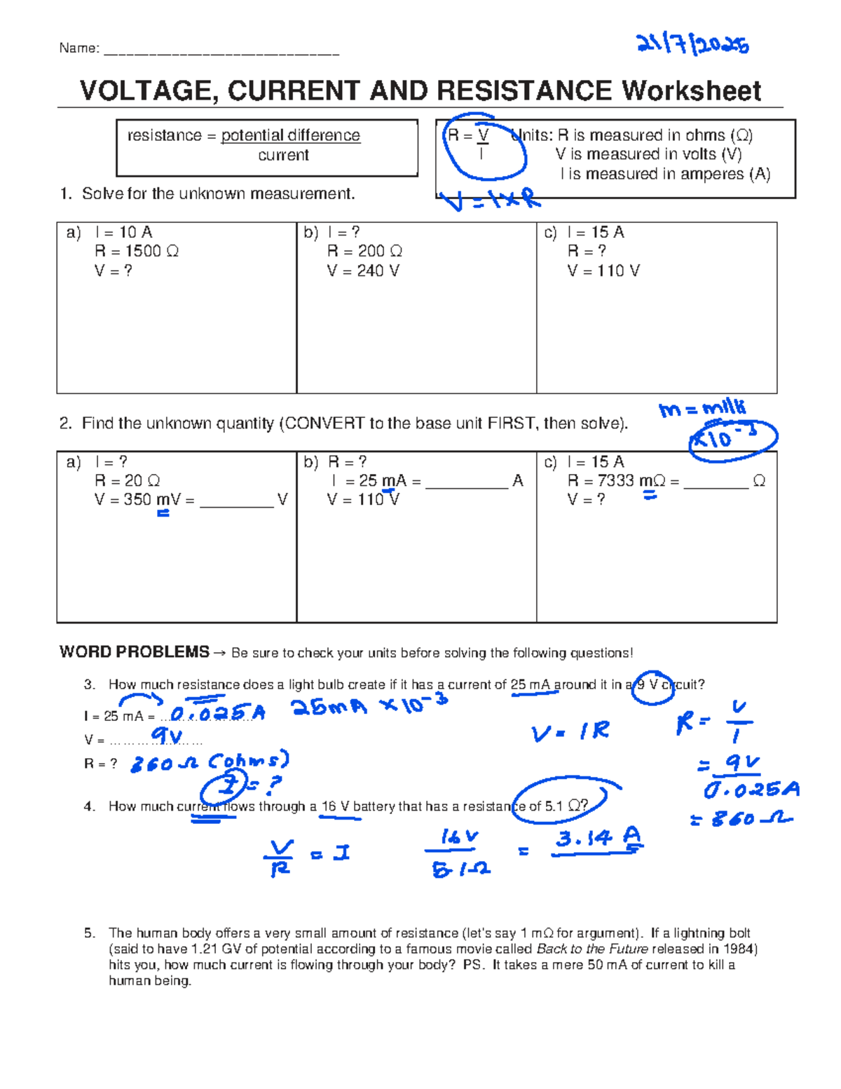 Ohm's Law Practice Problems Worksheet (PHYS 101) - Studocu