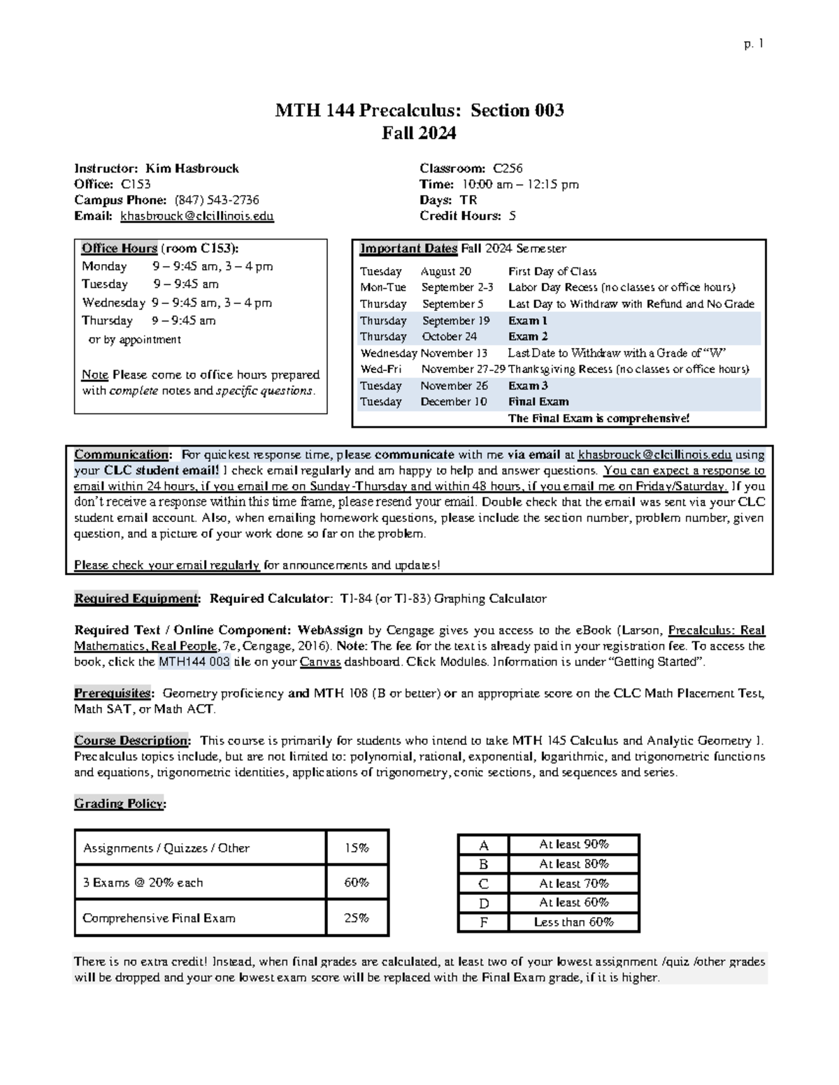 MTH 144-003 Precalculus Syllabus & Important Course Info - Fall 2024 ...