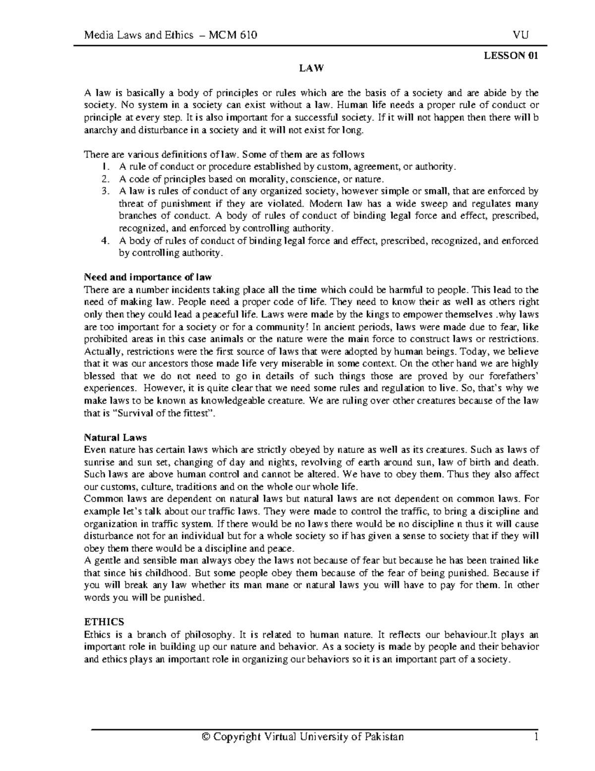 Media Laws and Ethics MCM 610 VU: Lesson 01 - Understanding Law and ...