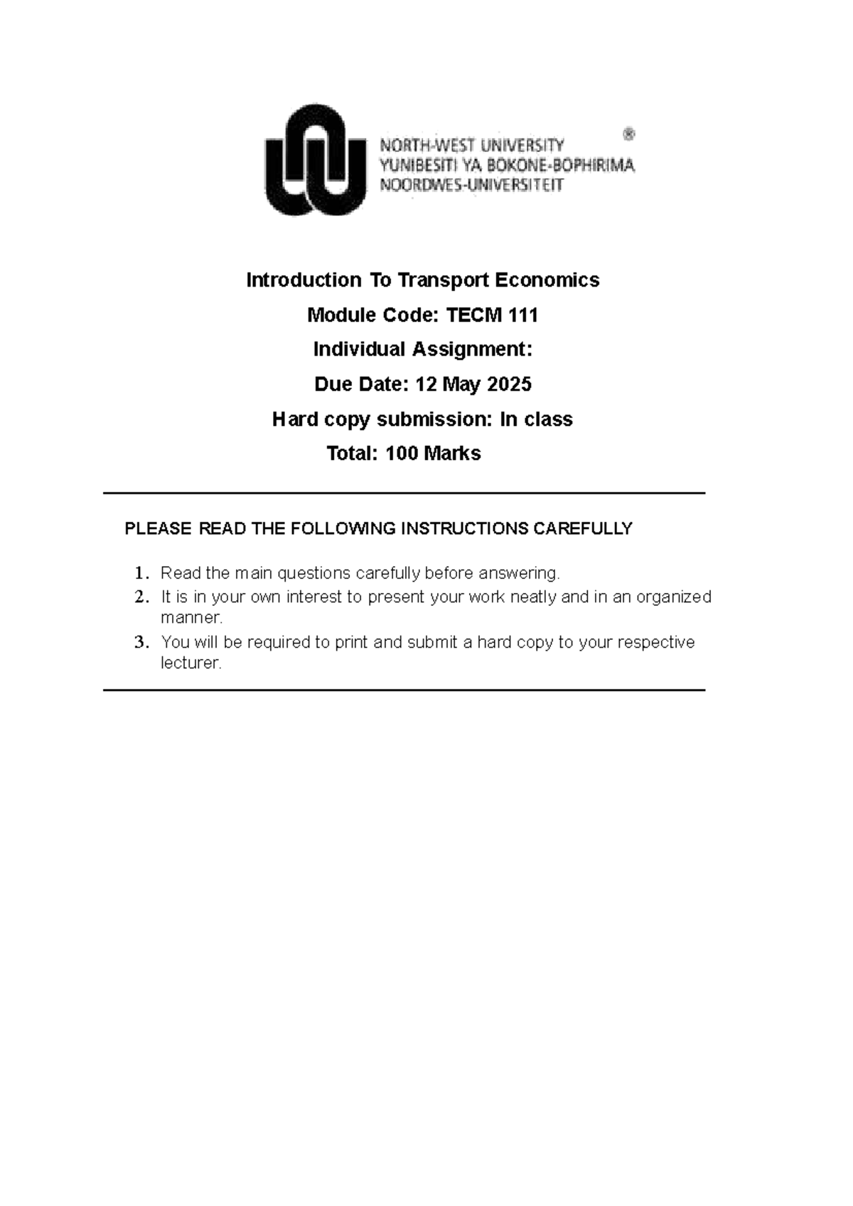 TECM 111 - Introduction to Transport Economics Individual Assignment ...