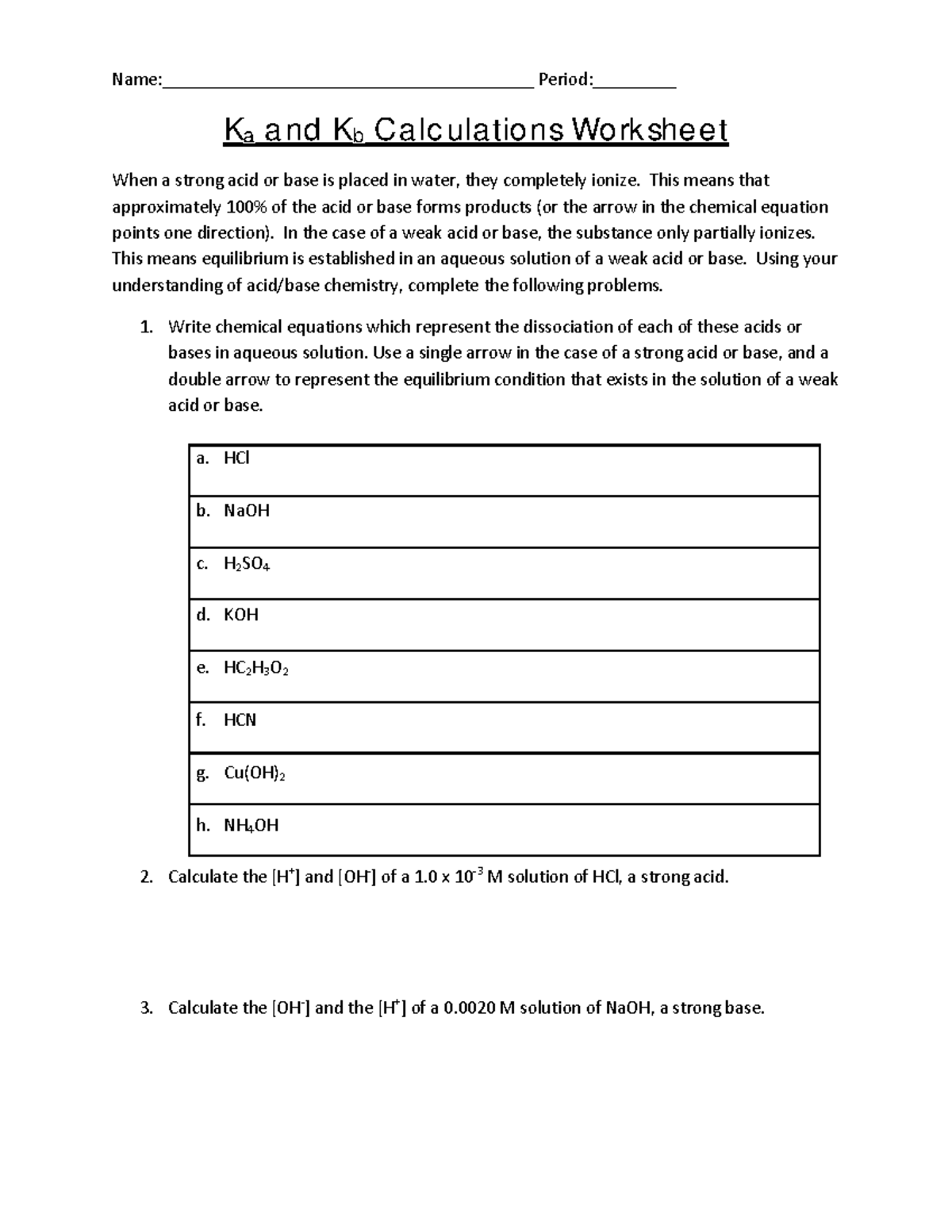 Mod5 Chem: Ka and Kb Calculations Worksheet - Studocu