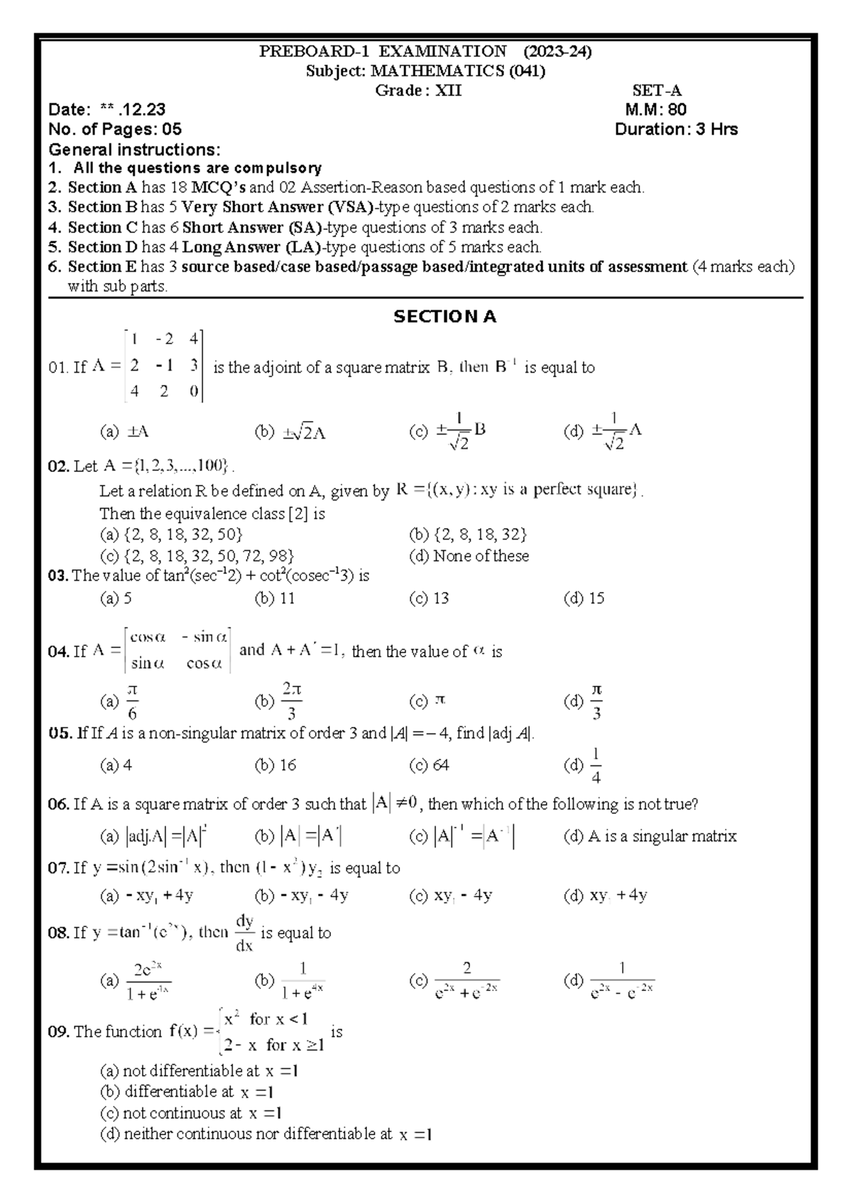 Class XII Maths Practice Paper-1 (Pre-Board) - PREBOARD-1 EXAMINATION ...