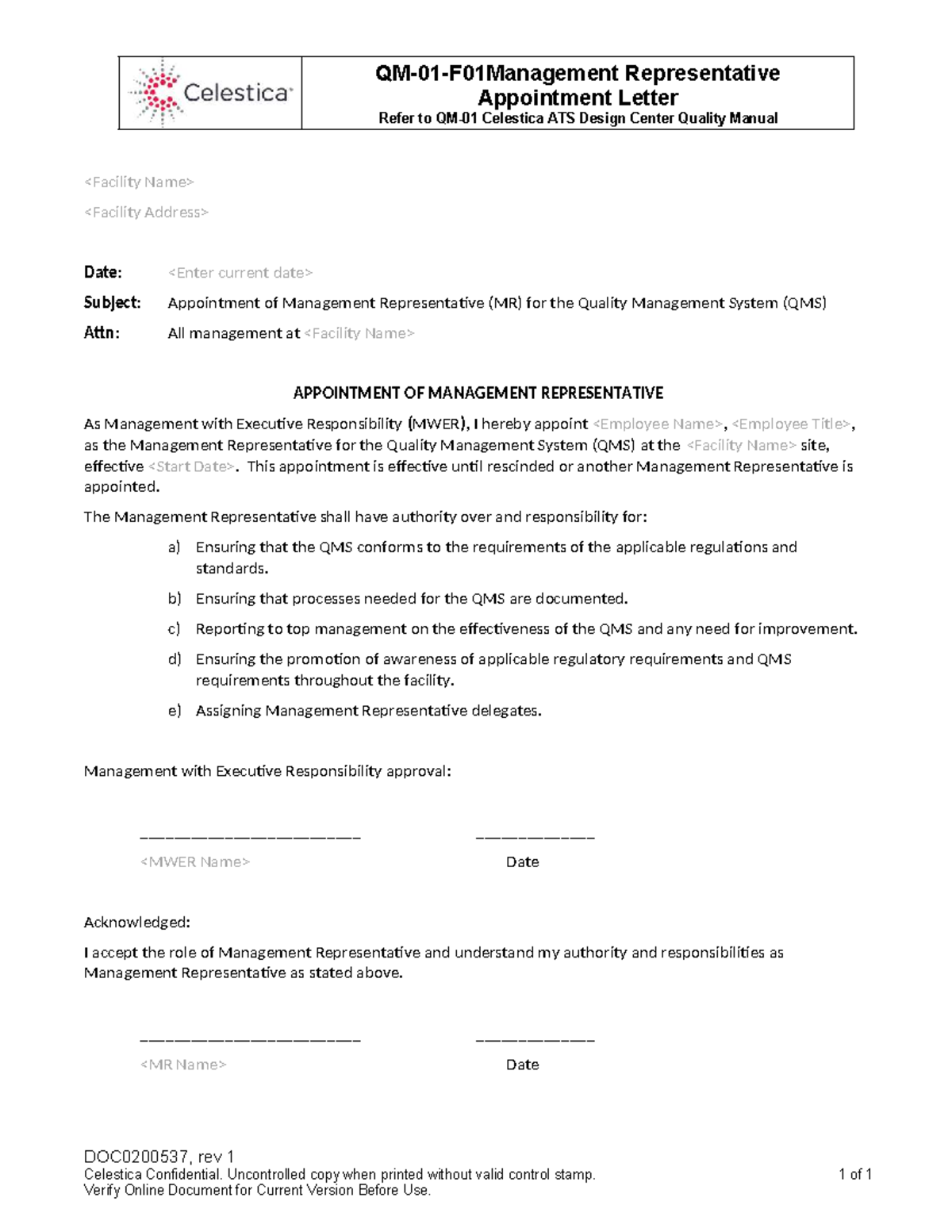 QM-01-F01 Management Representative Appointment Letter Template - Studocu