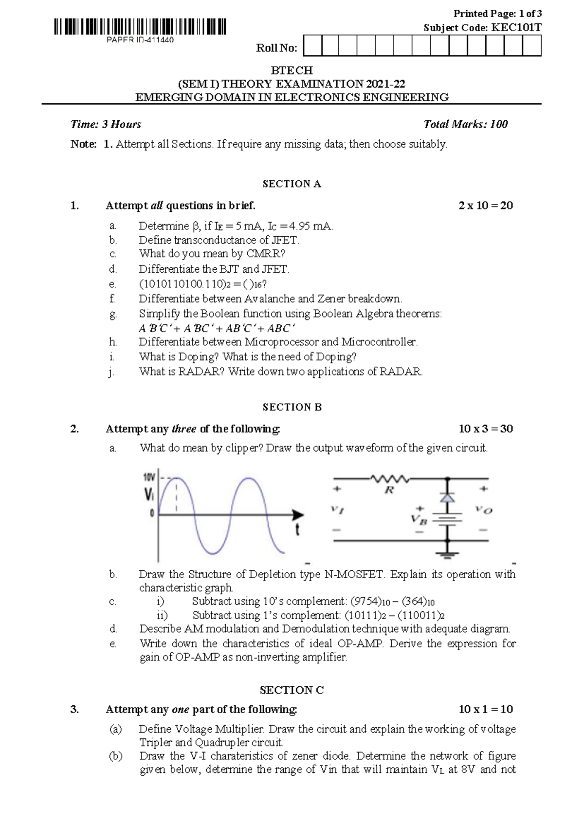BTECH SEM I Theory Exam: Emerging Domain in Electronics Engineering (KEC101T) - Studocu