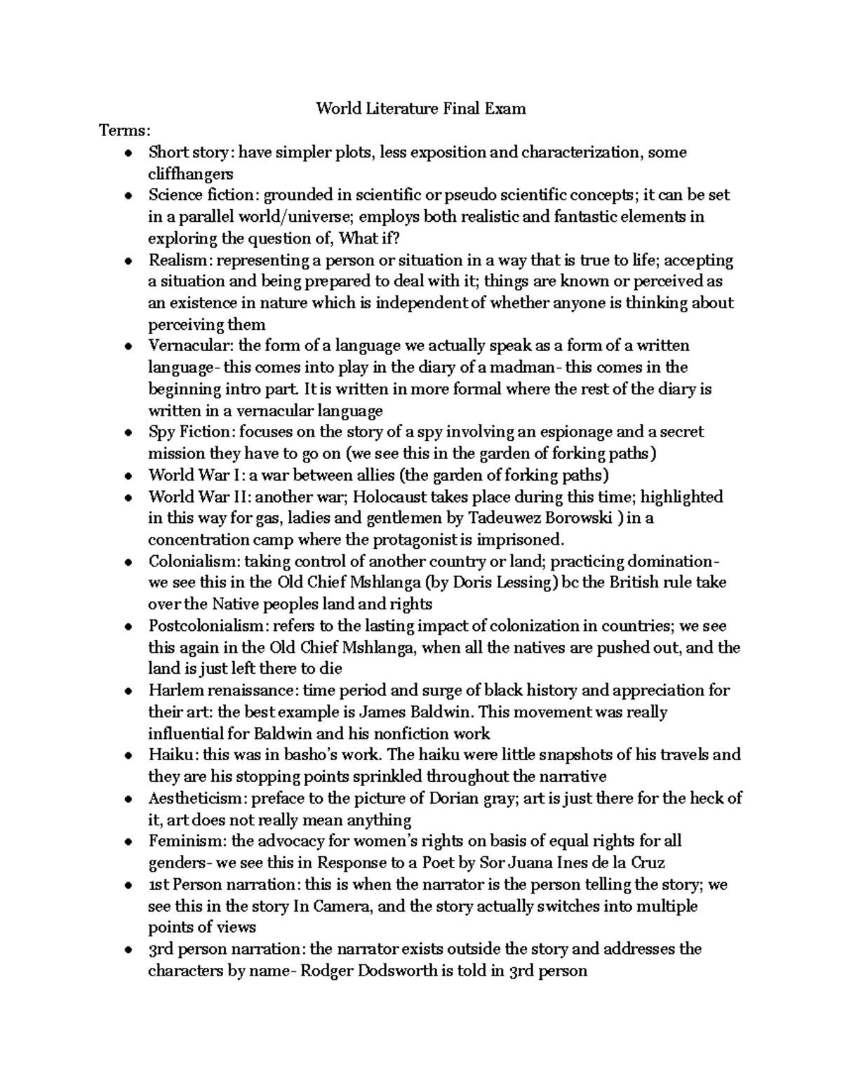 World lit final exam - notes - World Literature Final Exam Terms: Short ...