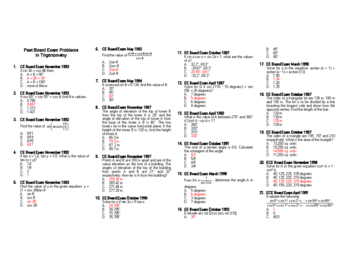 CE Board Exam Past Problems in Trigonometry Review - Studocu
