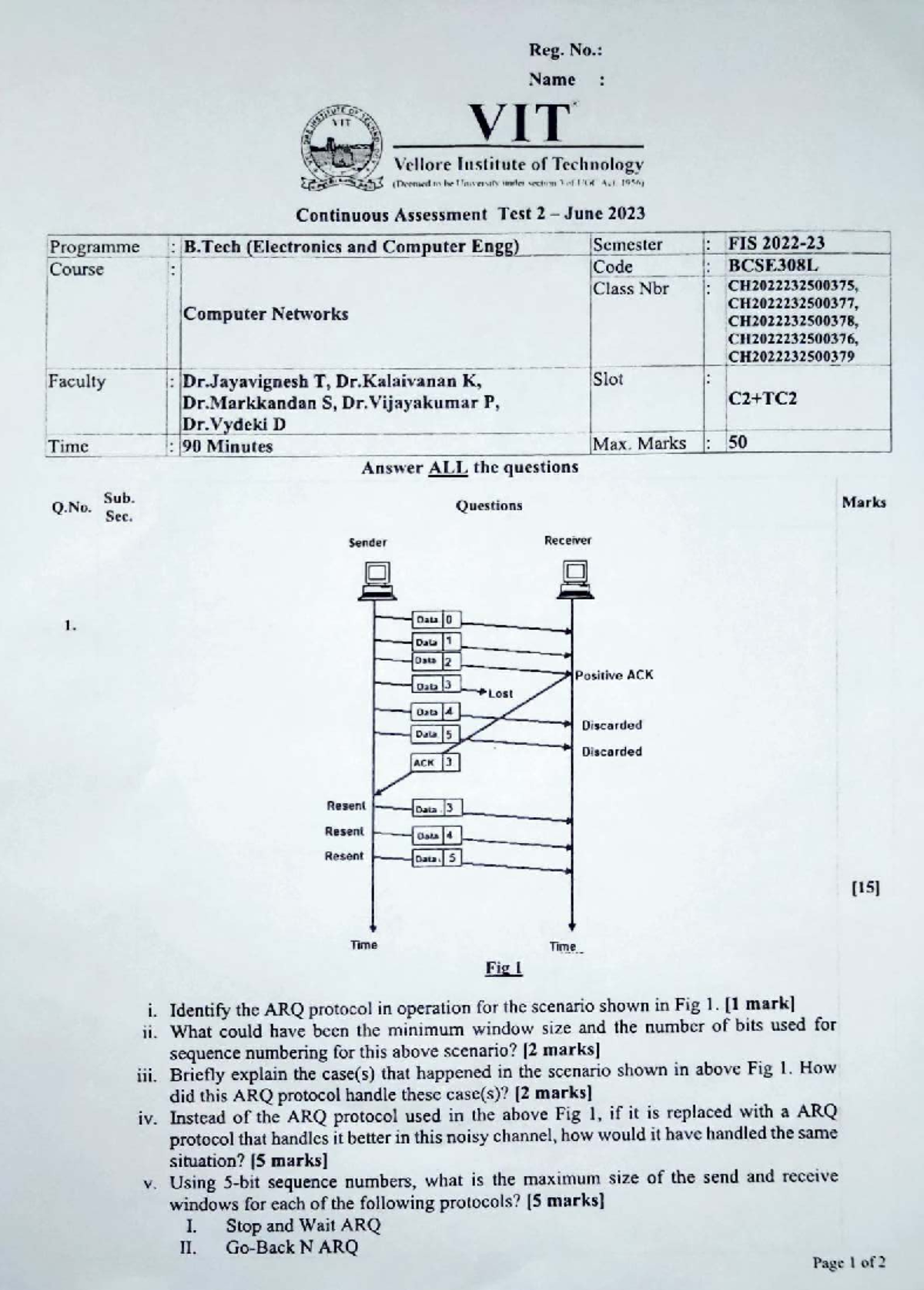 CN BCSE308L Continuous Assessment Test - Computer Networks June 2023 ...
