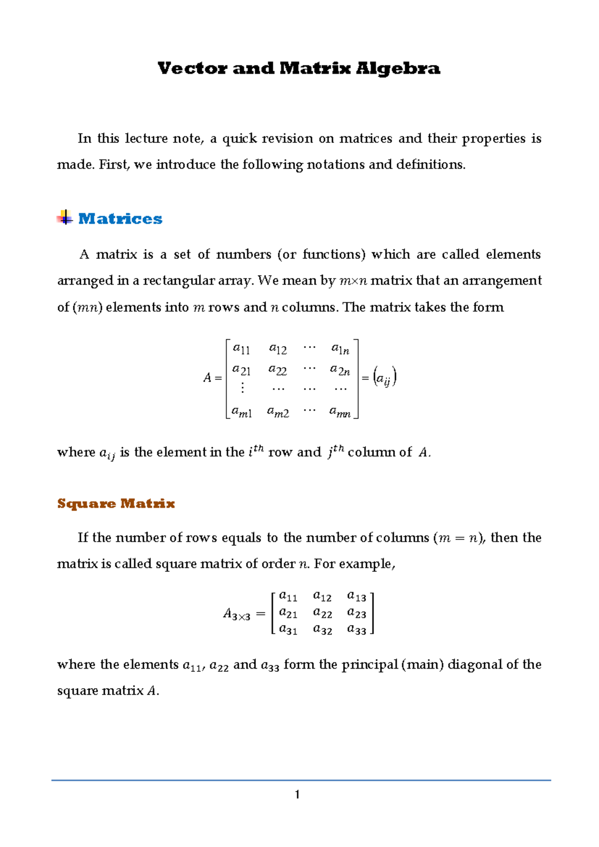 Vector and Matrix Algebra Lecture Notes (MATH101) - Studocu