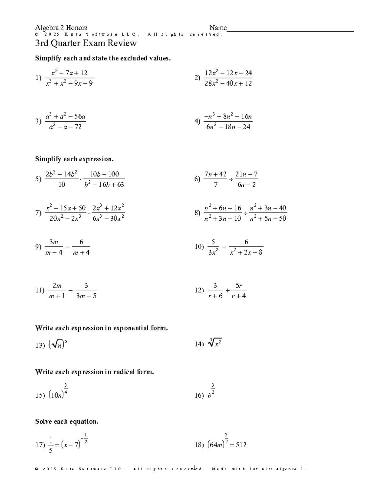 Algebra 2 Honors - 3rd Quarter Exam Review Worksheet - Studocu