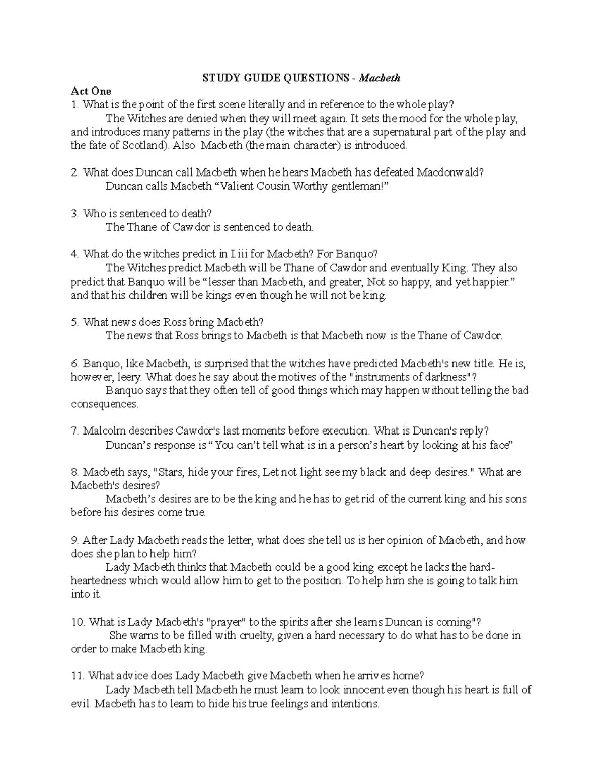 Macbeth Act 1 Questions - STUDY GUIDE QUESTIONS - Macbeth Act One What ...