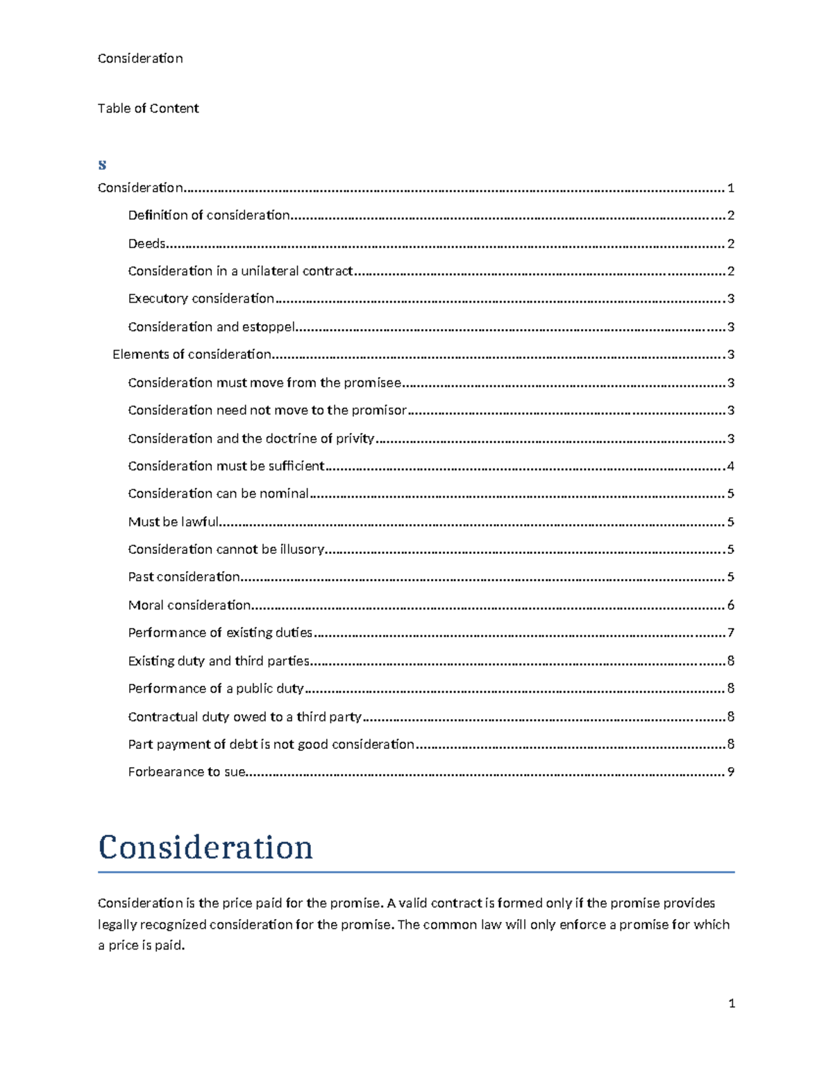 Consideration - Table of Content Consideration Consideration is the ...