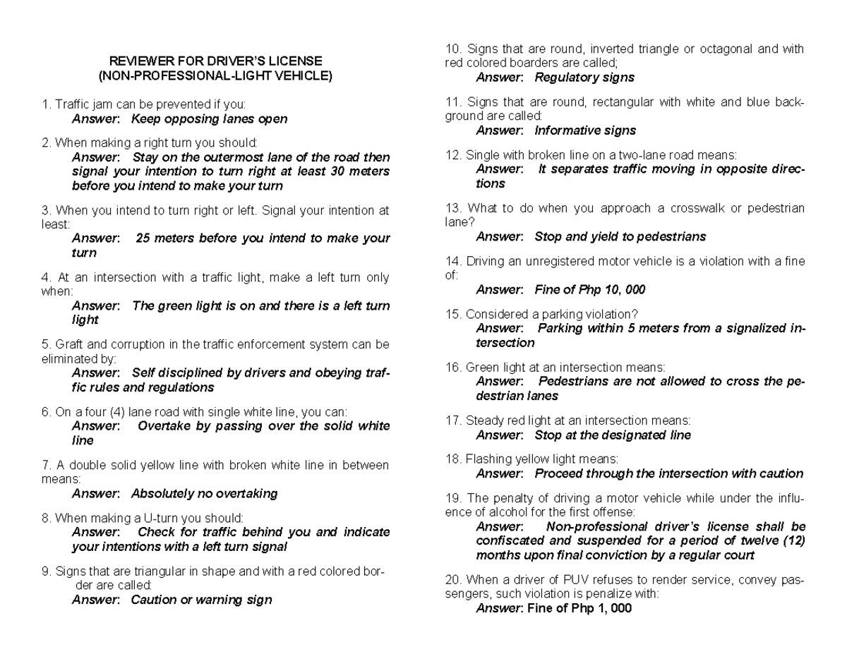 DL LTO Reviewer - For driving - REVIEWER FOR DRIVER’S LICENSE (NON ...