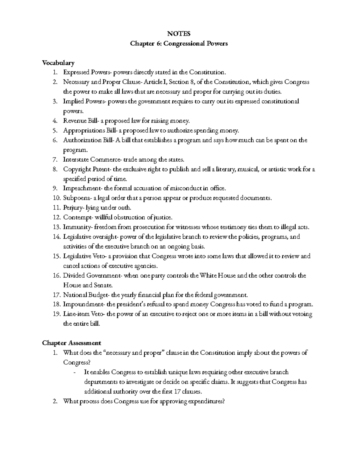 Copy of Chapter 6 Congressional Powers - NOTES Chapter 6: Congressional ...