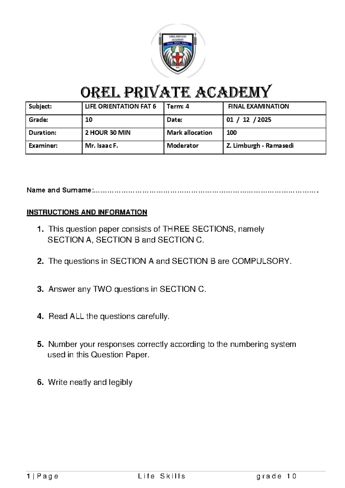 Grade 10 Life Orientation FAT 6 Term 4 Final Exam 2025 - Studocu