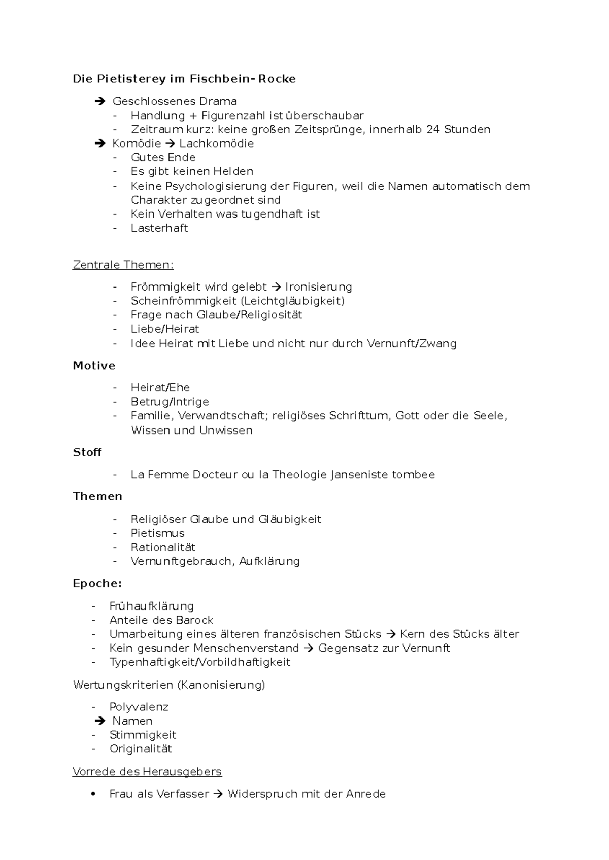 Analyse der Komödie „Die Pietisterey im Fischbein-Rocke“ (Kurs ...