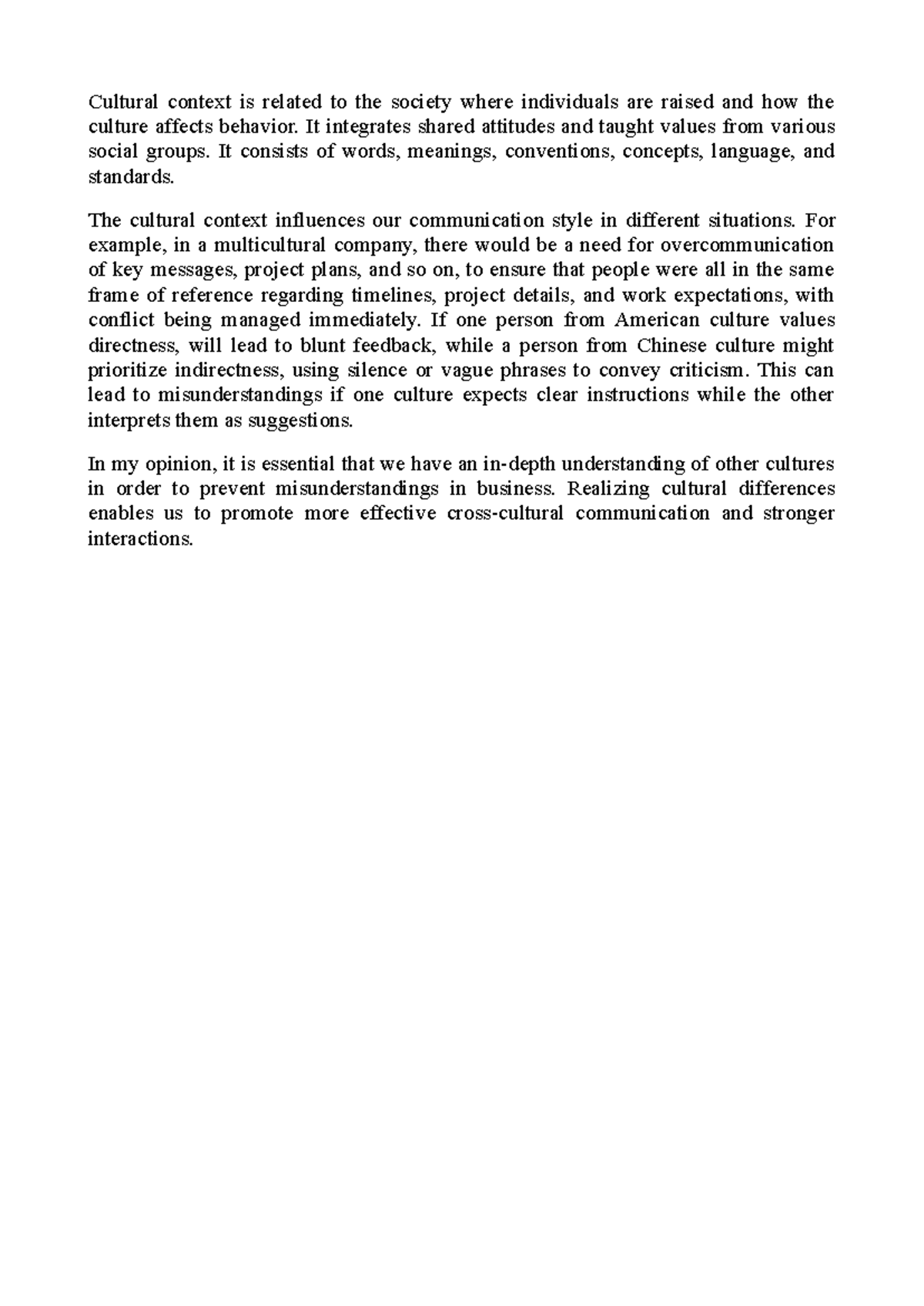 IBC Essay on Cultural Context and Communication Styles - Studocu