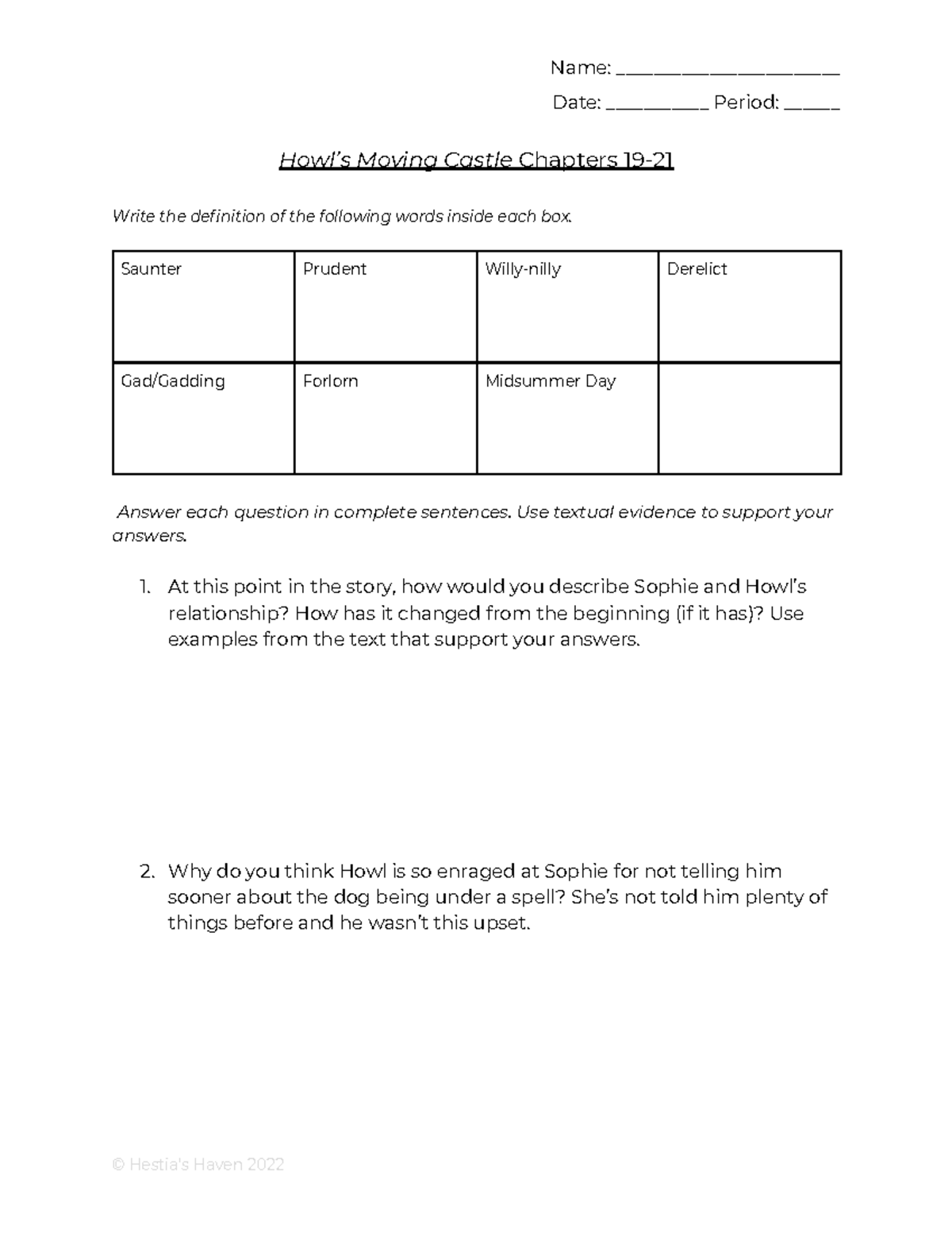 Howl's Moving Castle Chapters 19-21: Vocabulary & Analysis Questions ...