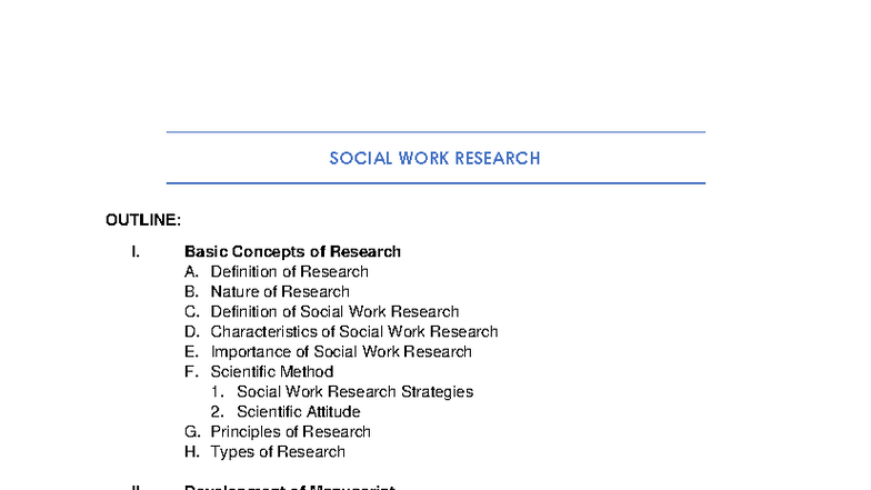 SOCIAL WORK RESEARCH OUTLINE: Key Concepts and Methodologies - Studocu