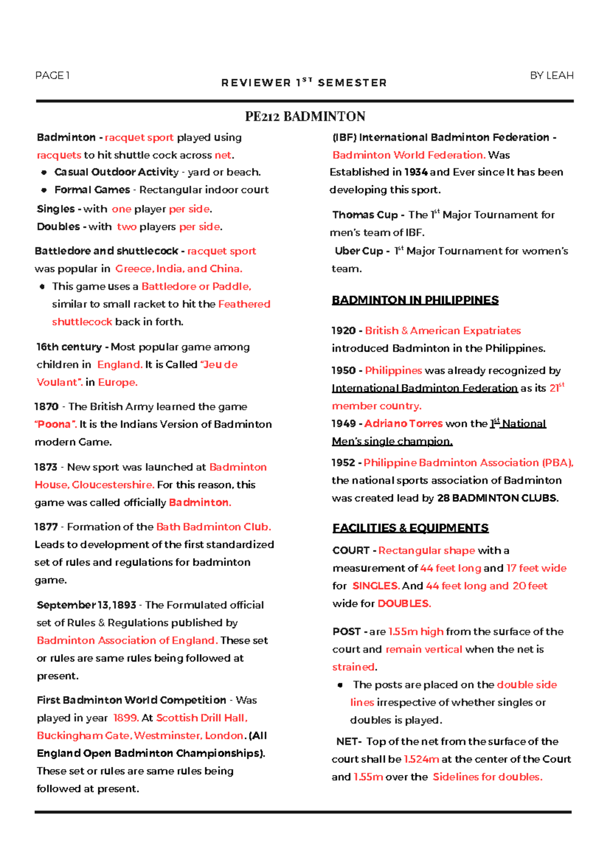 PE212 - 1st Semester Badminton Reviewer Notes - Studocu