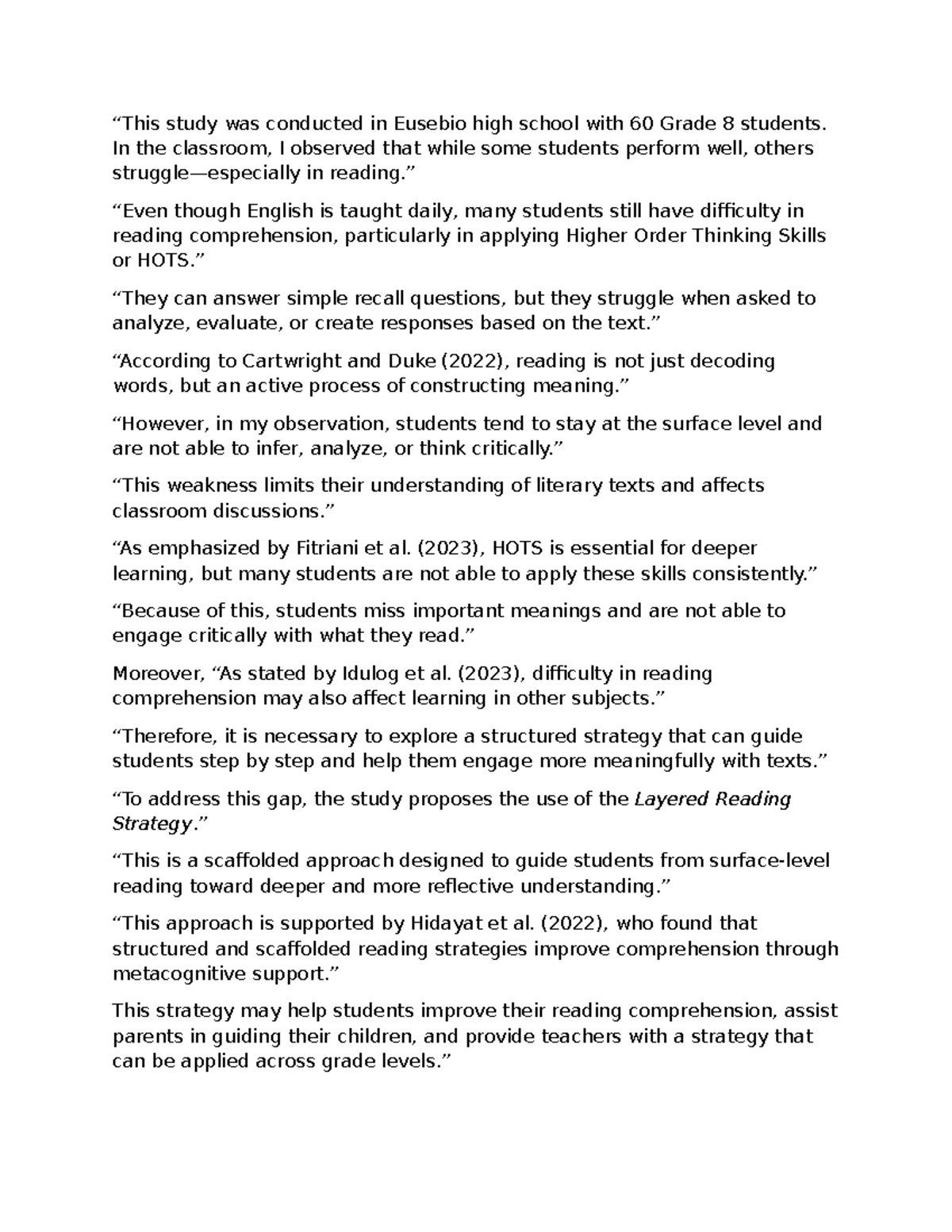 Improving Reading Comprehension in Grade 8: A Study on HOTS - Studocu