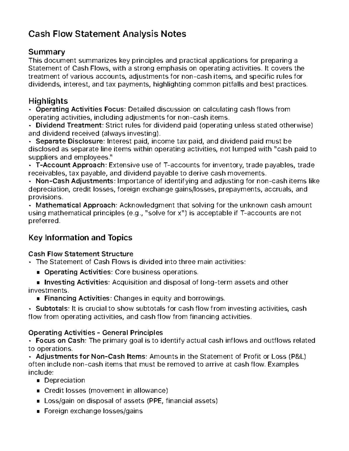 Acct 101 Cash Flow Statement Analysis Preparation Notes Studocu