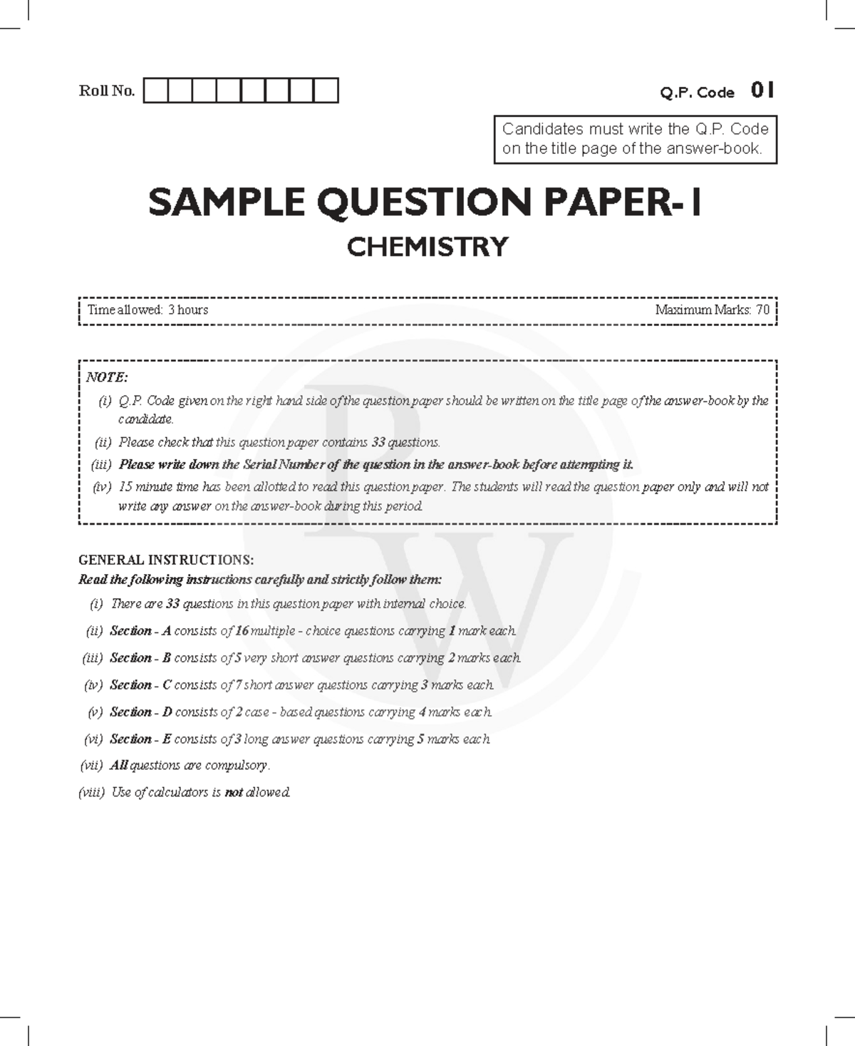 Sample Paper 01: Chemistry Q.P. Code 01 - Complete Question Set - Studocu