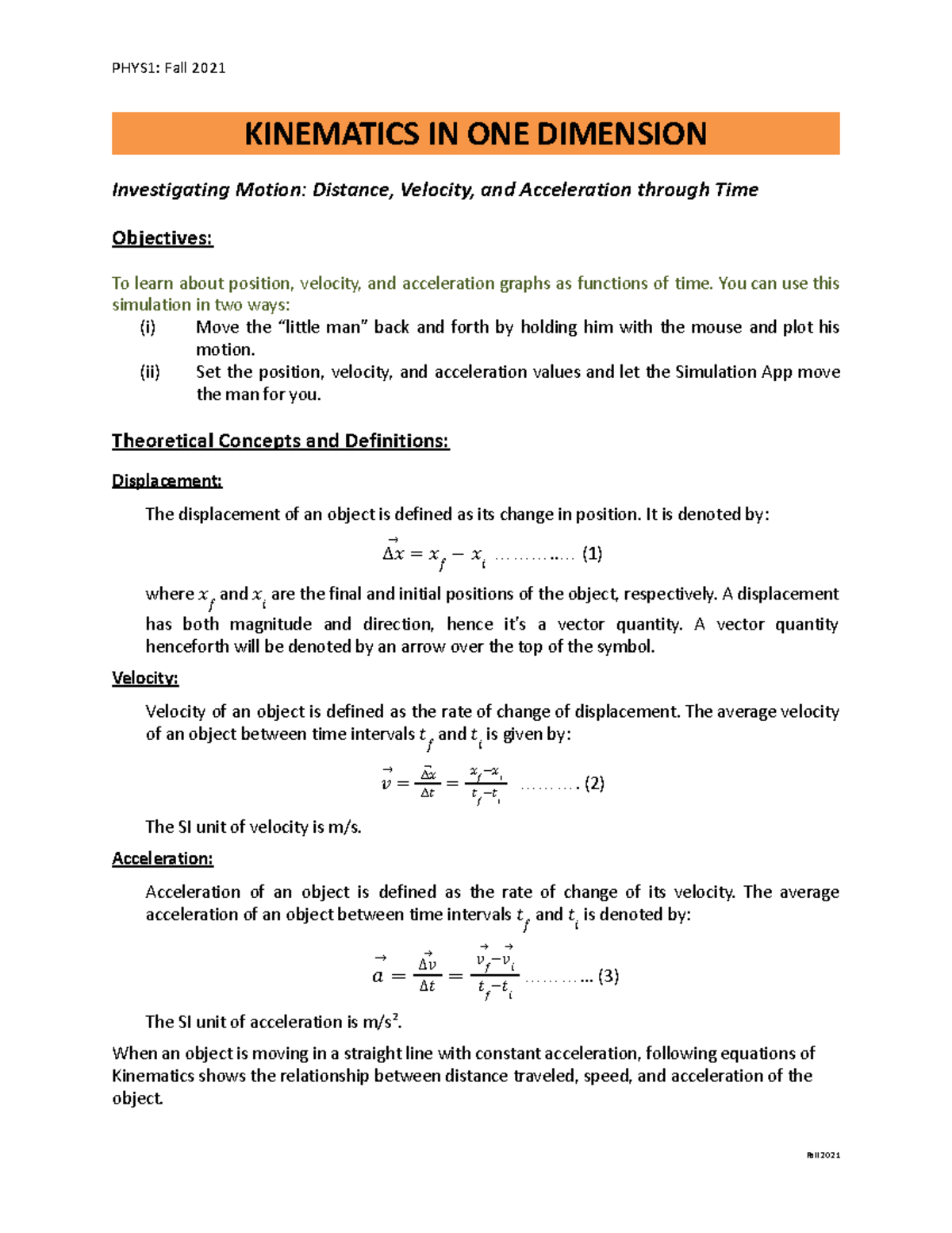 Lab 2- Kinematics IN 1D - coursework - KINEMATICS IN ONE DIMENSION ...