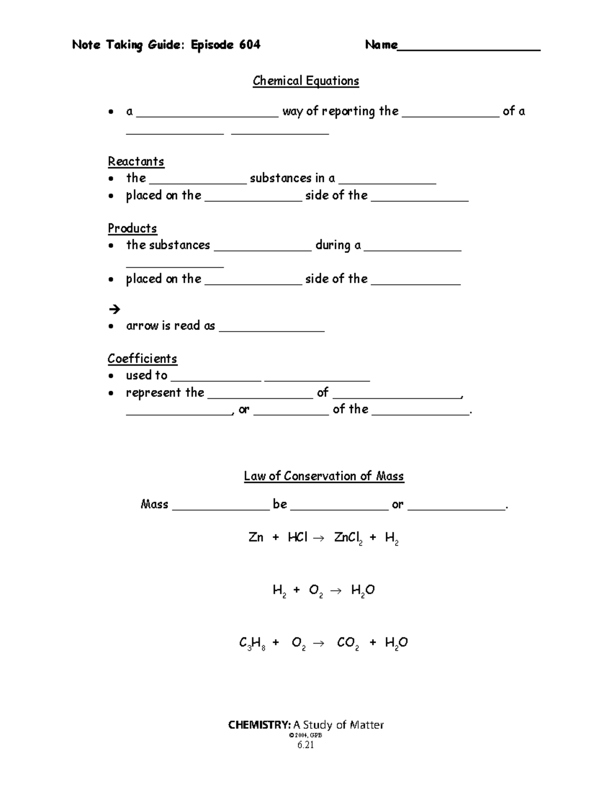 Note Taking Guide: Episode 604 on Chemical Equations in Chemistry - Studocu
