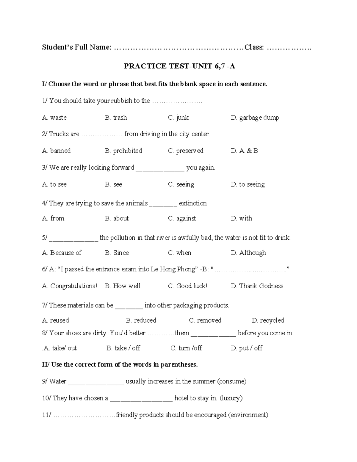 Practice Test 6: Fill in the Blanks and Word Forms - Studocu