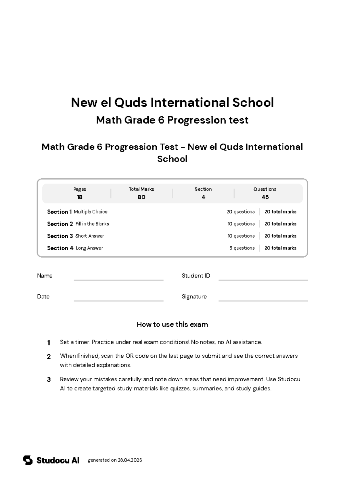 Math Grade 6 Progression Test - New el Quds International School - Studocu