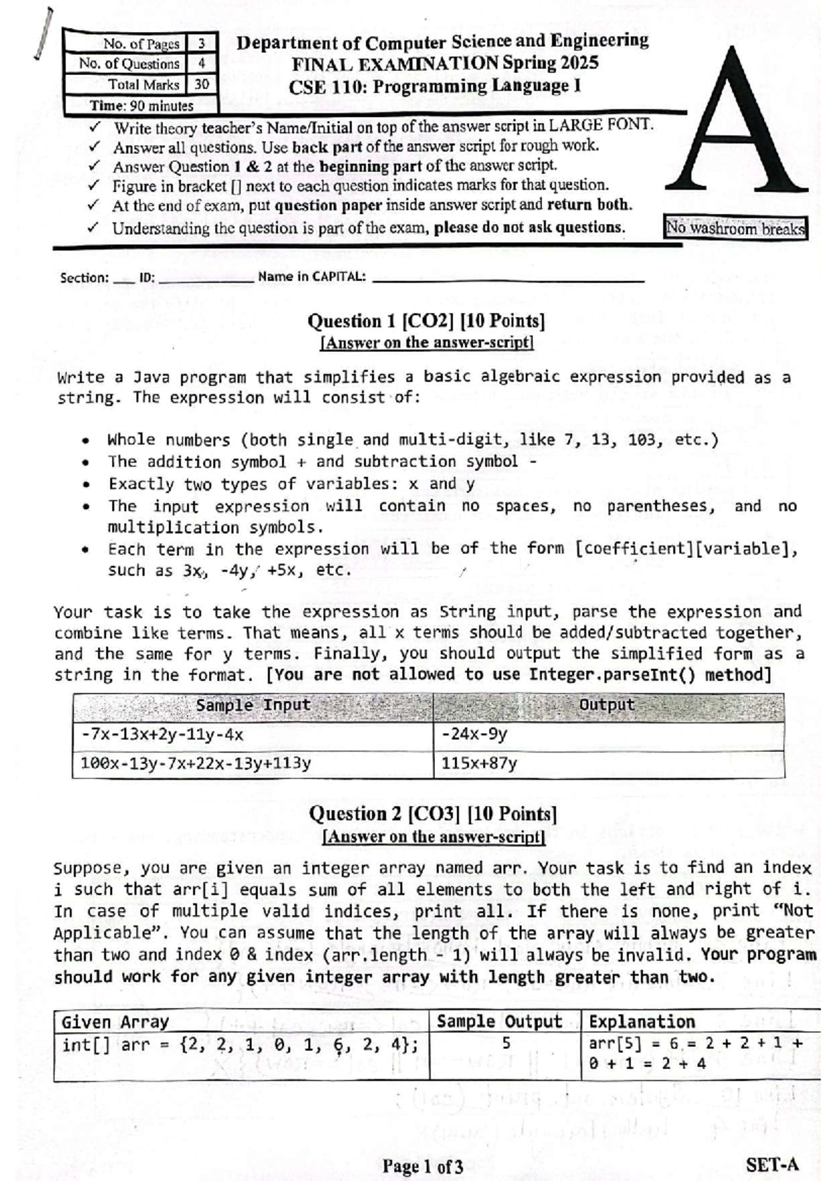 CSE 110 Spring 2025 Final Exam Questions and Solutions - Studocu