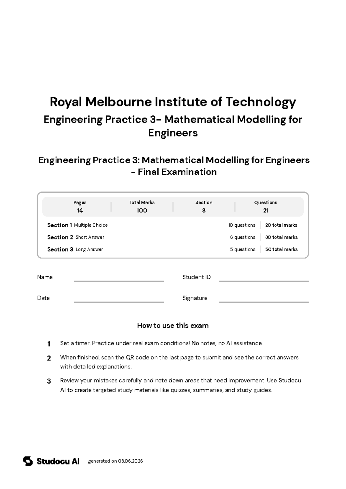 Engineering Practice 3: Mathematical Modelling - Final Exam - Studocu