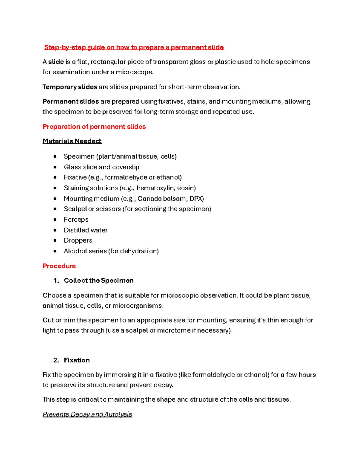 Preparation of Permanent Slides: A Detailed Guide - Studocu