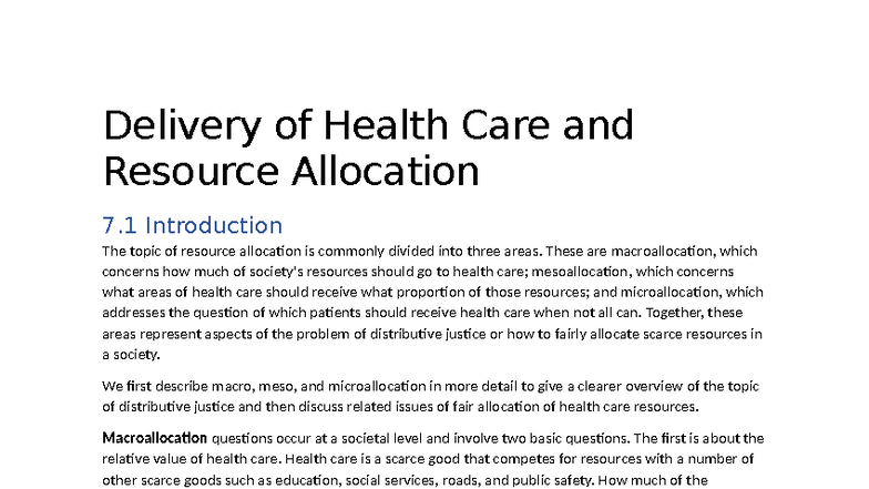 Health Care Resource Allocation: A Lesson on Justice and Ethics - Studocu