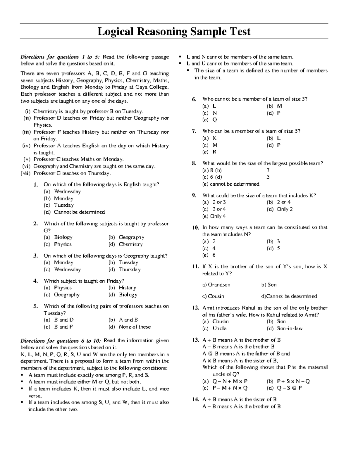 Logical Reasoning Quiz Material - Questions and Answers - Studocu