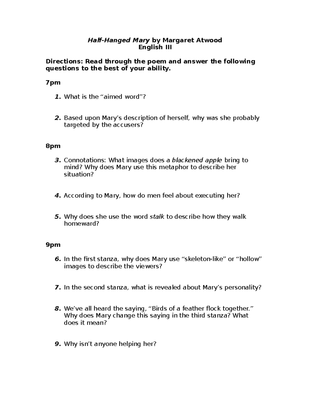 Half-Hanged Mary Questions & Analysis for English III Essay - Studocu
