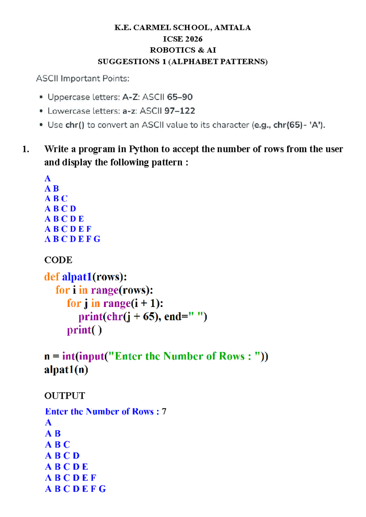 ROBO & AI ICSE 2026 - Python Patterns Suggestions 1 - Studocu