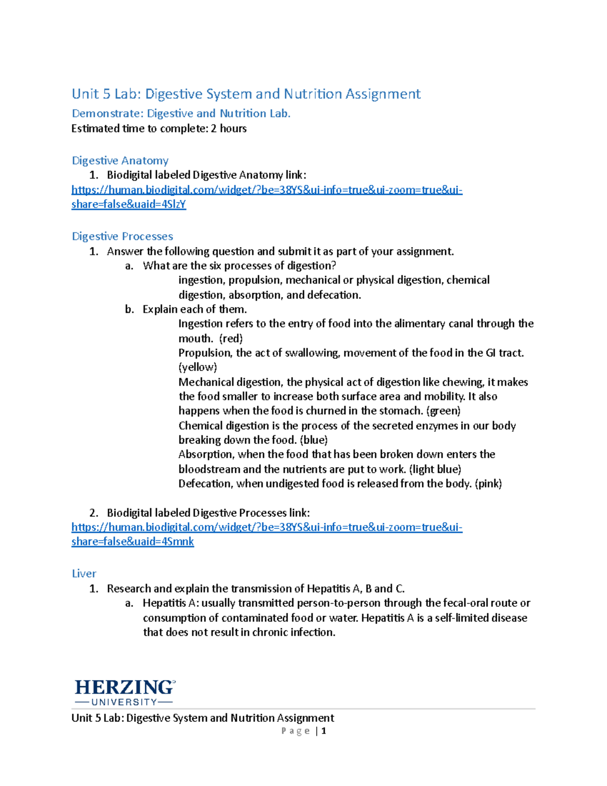 Unit 5 Lab: Exploring Digestive System & Nutrition Processes - Studocu