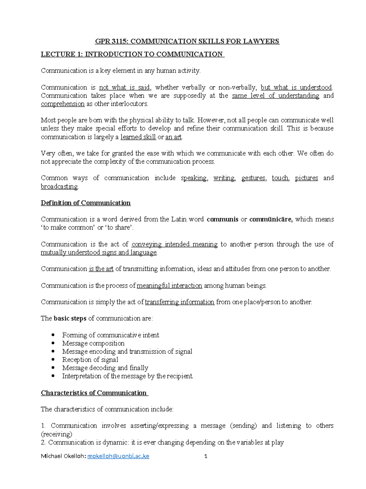 Lecture 1 - Introduction to Communication - GPR 3115: COMMUNICATION SKILLS FOR LAWYERS LECTURE 1 ...