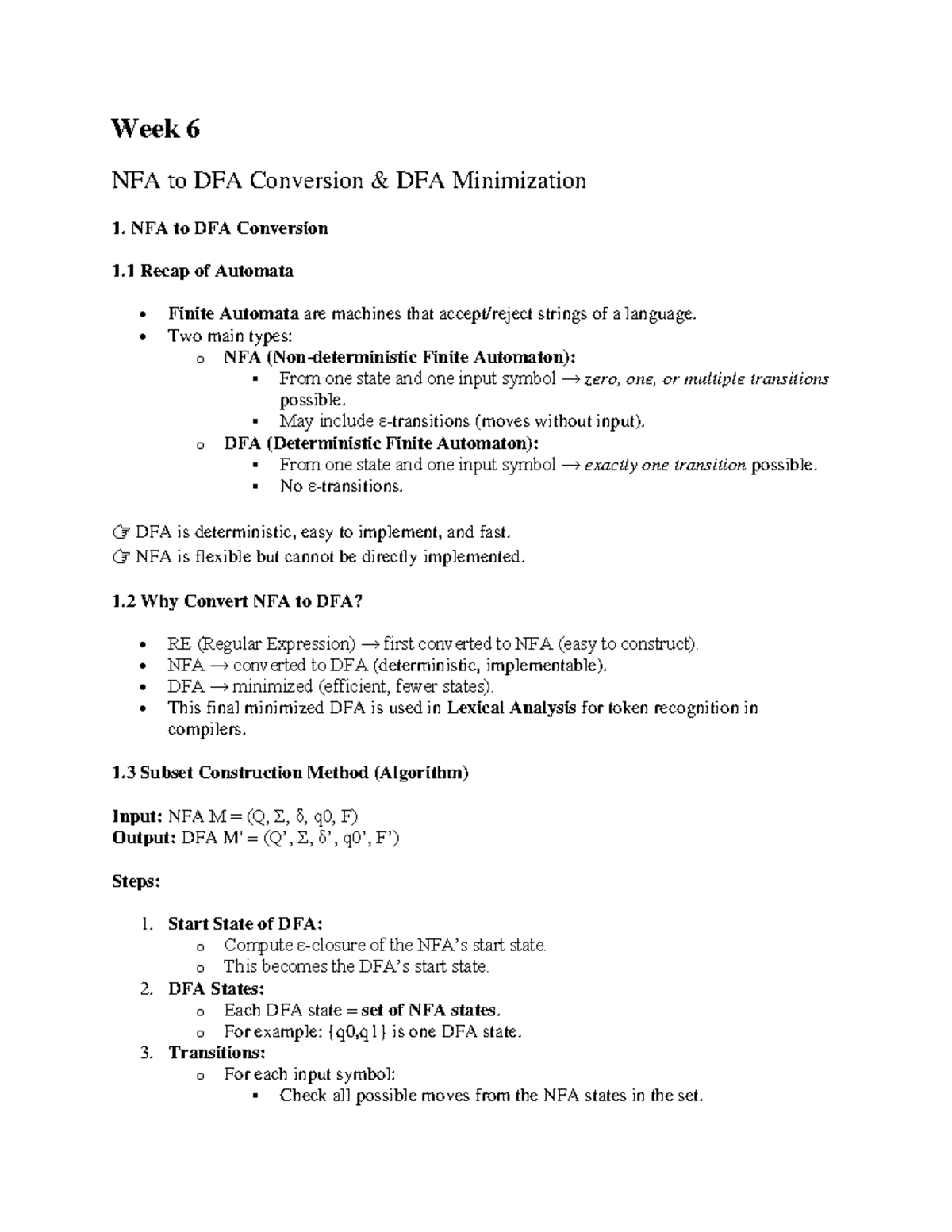 Week 6: NFA to DFA Conversion & DFA Minimization Notes - Studocu