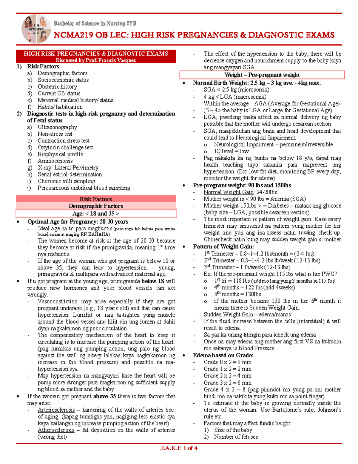WK1 - High Risk Pregnancies & Diagnostic Exams - Bachelor of Science in ...