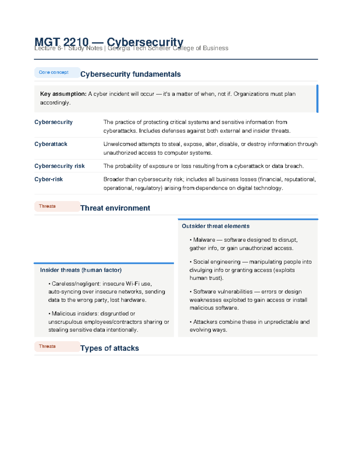 MGT 2210 Cybersecurity Lecture Notes: Key Concepts & Frameworks - Studocu