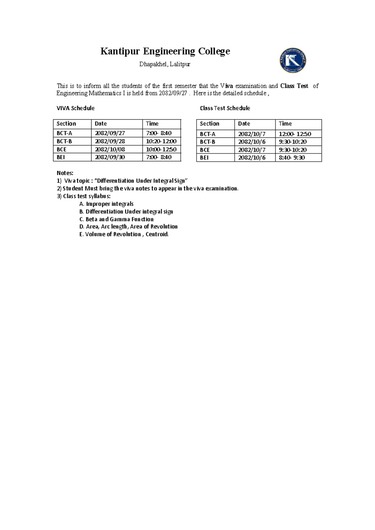 Viva & Class Test Schedule for Eng Math I - 1st Sem - Studocu