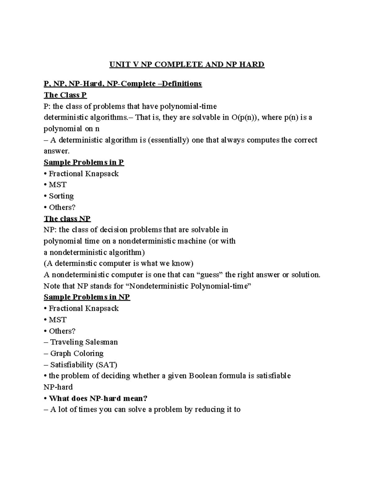 UNIT - V - Unit - 5 Notes - UNIT V NP COMPLETE AND NP HARD P, NP, NP ...